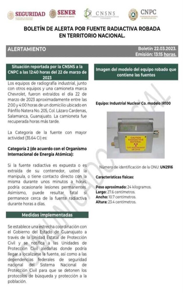 Emiten alerta en siete estados por robo de material radioactivo ...