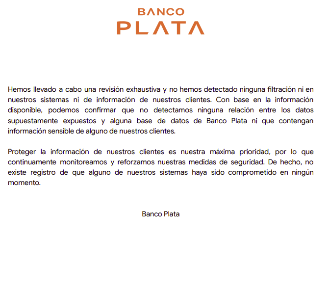 Banco Plata: no hay filtración de los datos de nuestros clientes